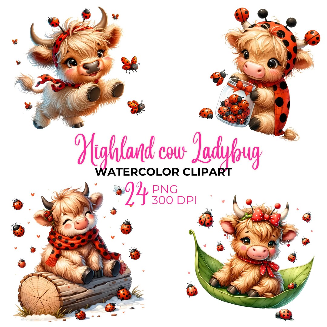 Watercolor Ladybug Highland Cow Clipart: 24 Pngs (commercial Use) - Etsy