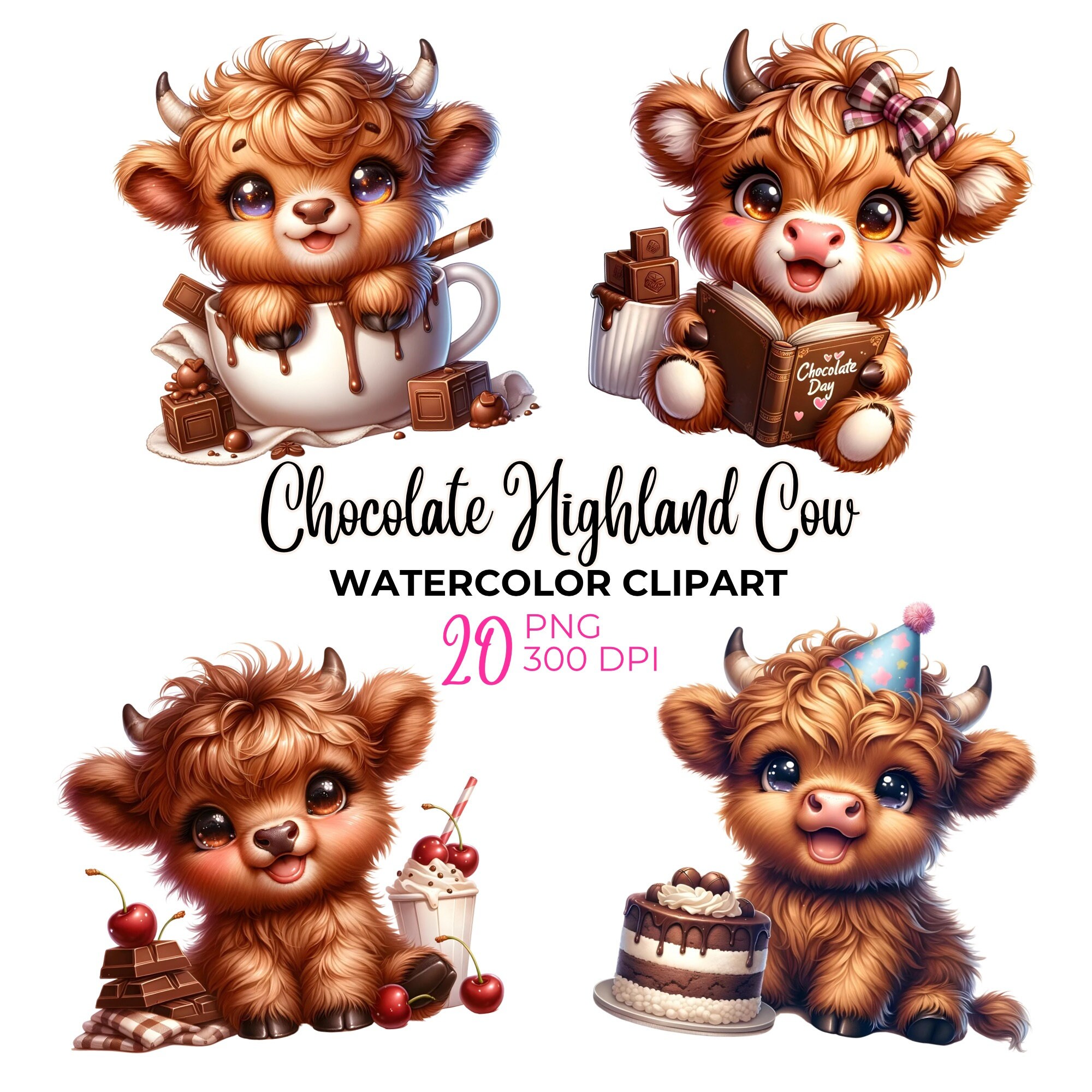 Watercolor Chocolate Highland Cow Clipart: Dessert PNG (digital ...