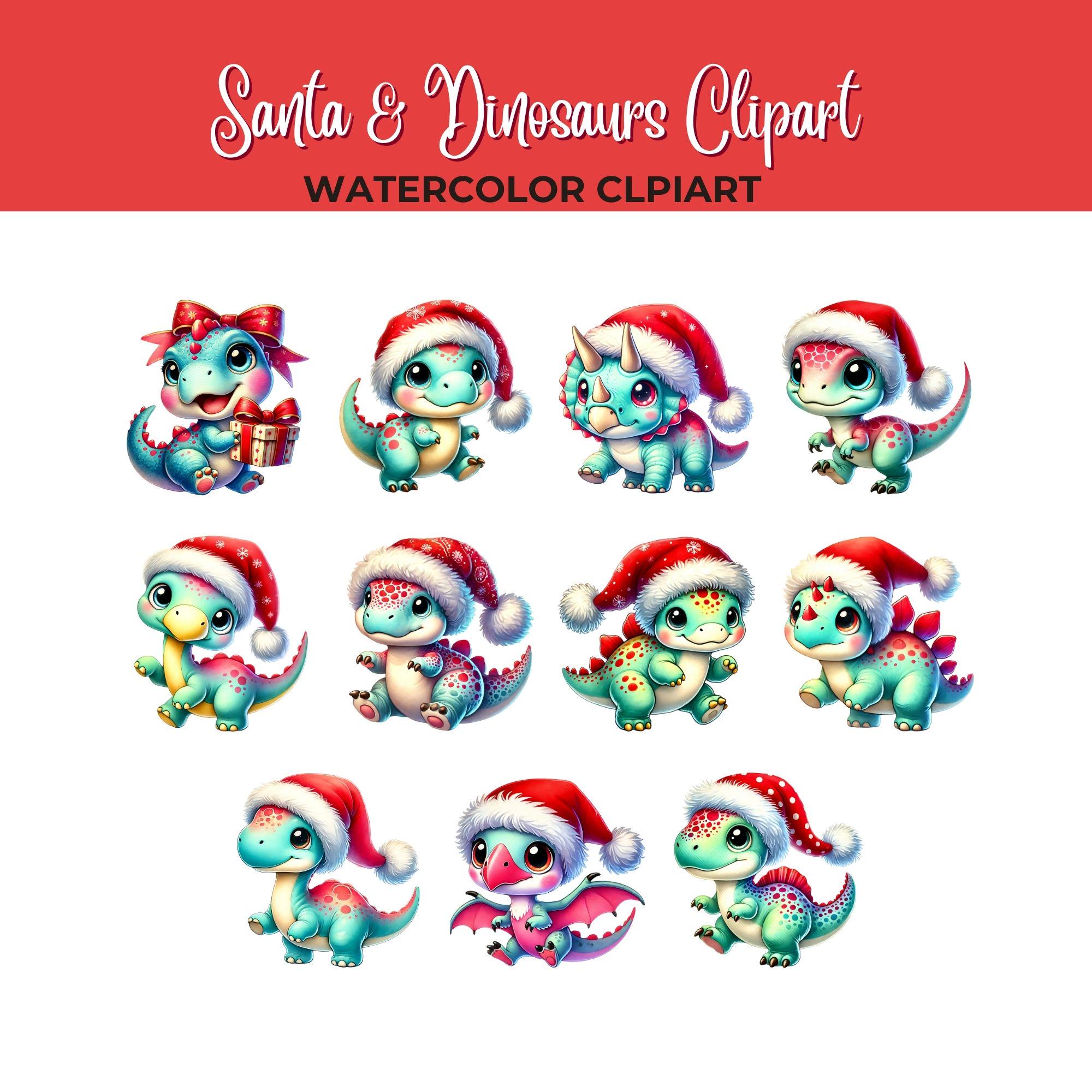 Watercolor Santa Dinosaur Clipart: Christmas Dino PNG (commercial Use ...