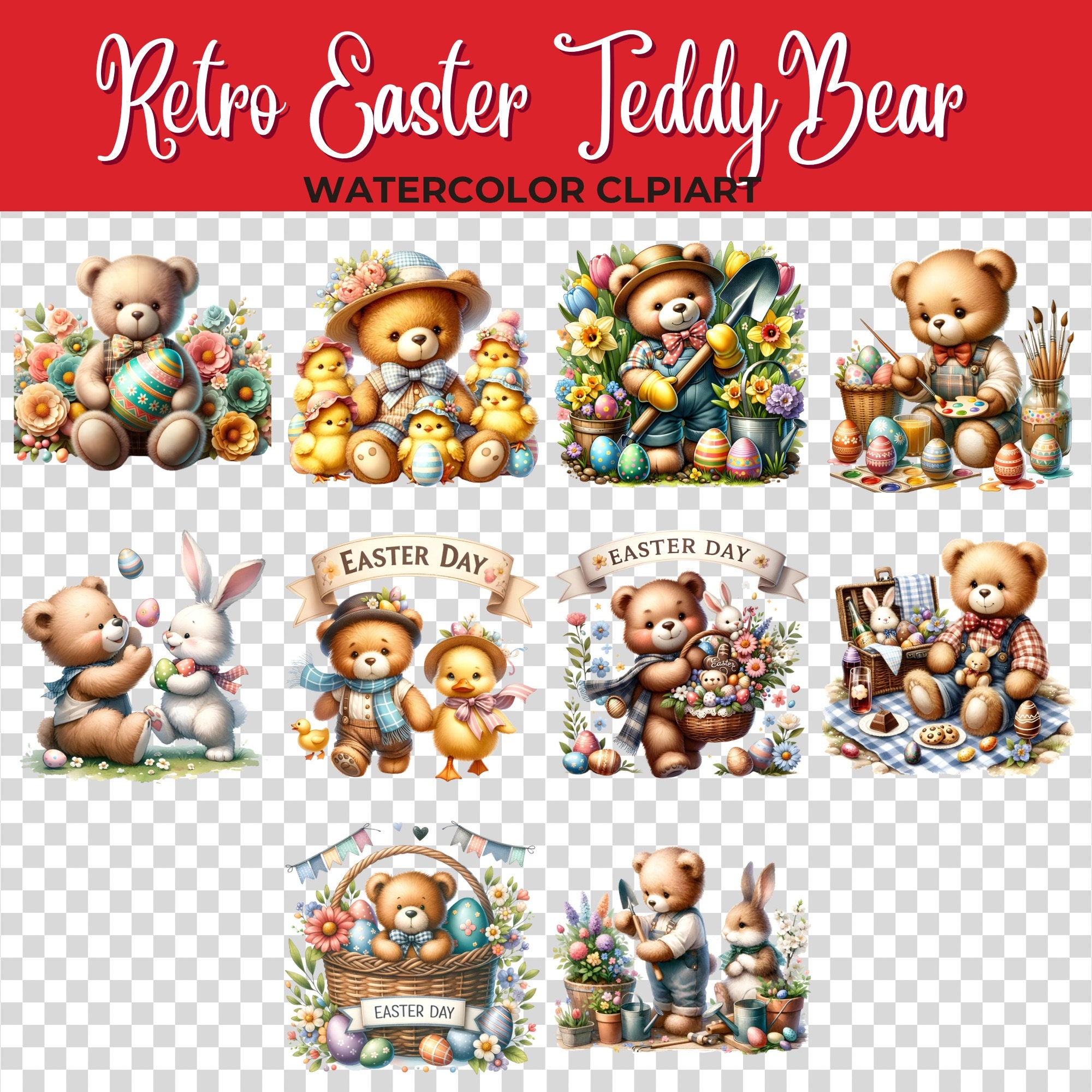 Watercolor Retro Easter Teddy Bear Clipart, Easter PNG, Easter Basket ...
