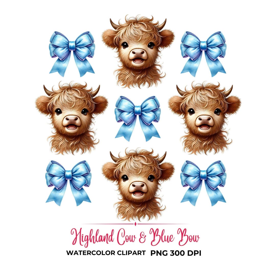 Watercolor Highland Cow and Blue Bow Clipart, Cute Highland Cow PNG ...