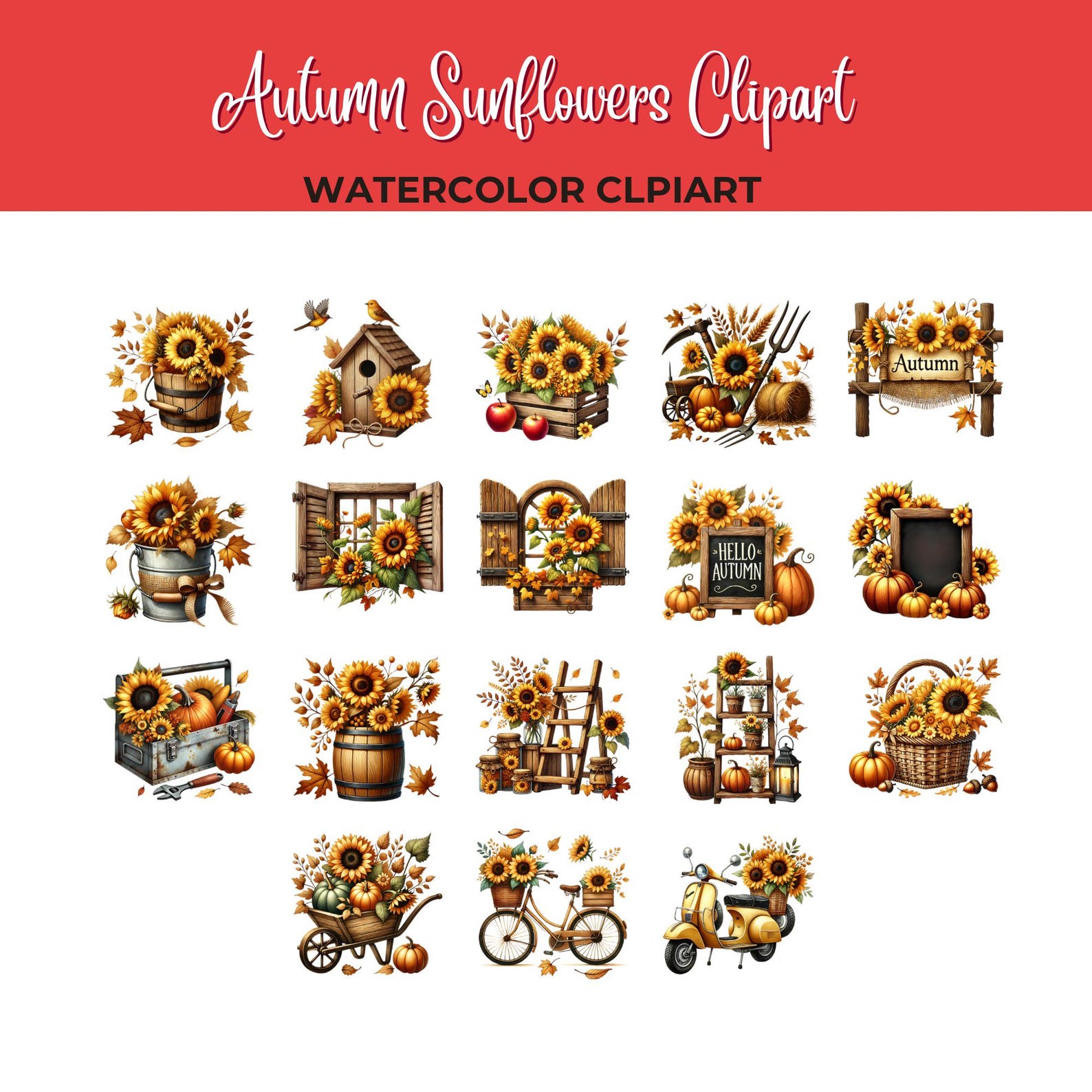 Watercolor Autumn Sunflowers Clipart: 36 PNG Fall Flower Graphics ...