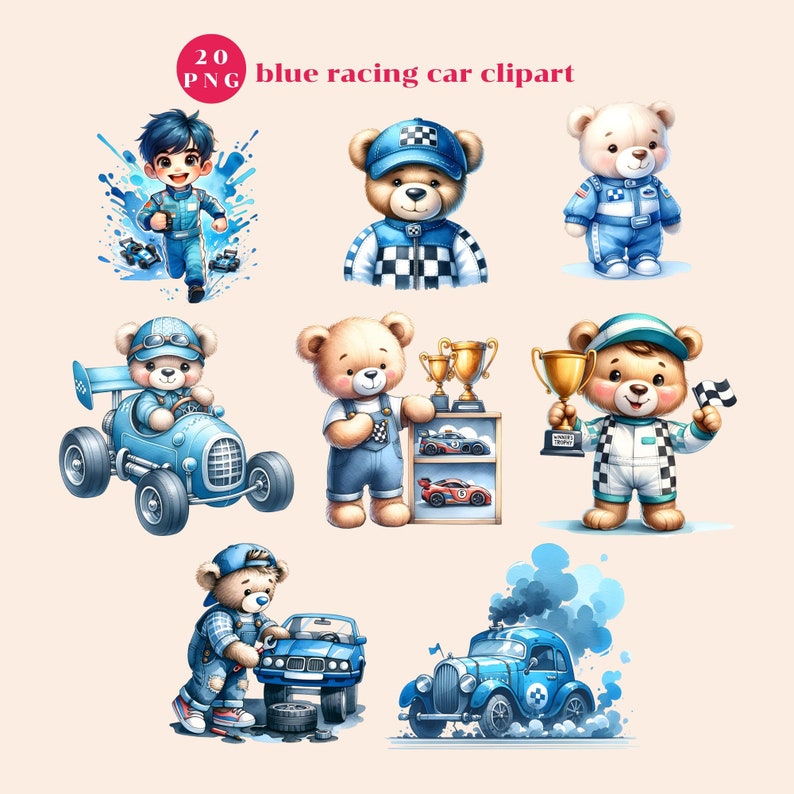 Blue Racing Bears Clipart: Watercolor Nursery PNG (digital Download) - Etsy