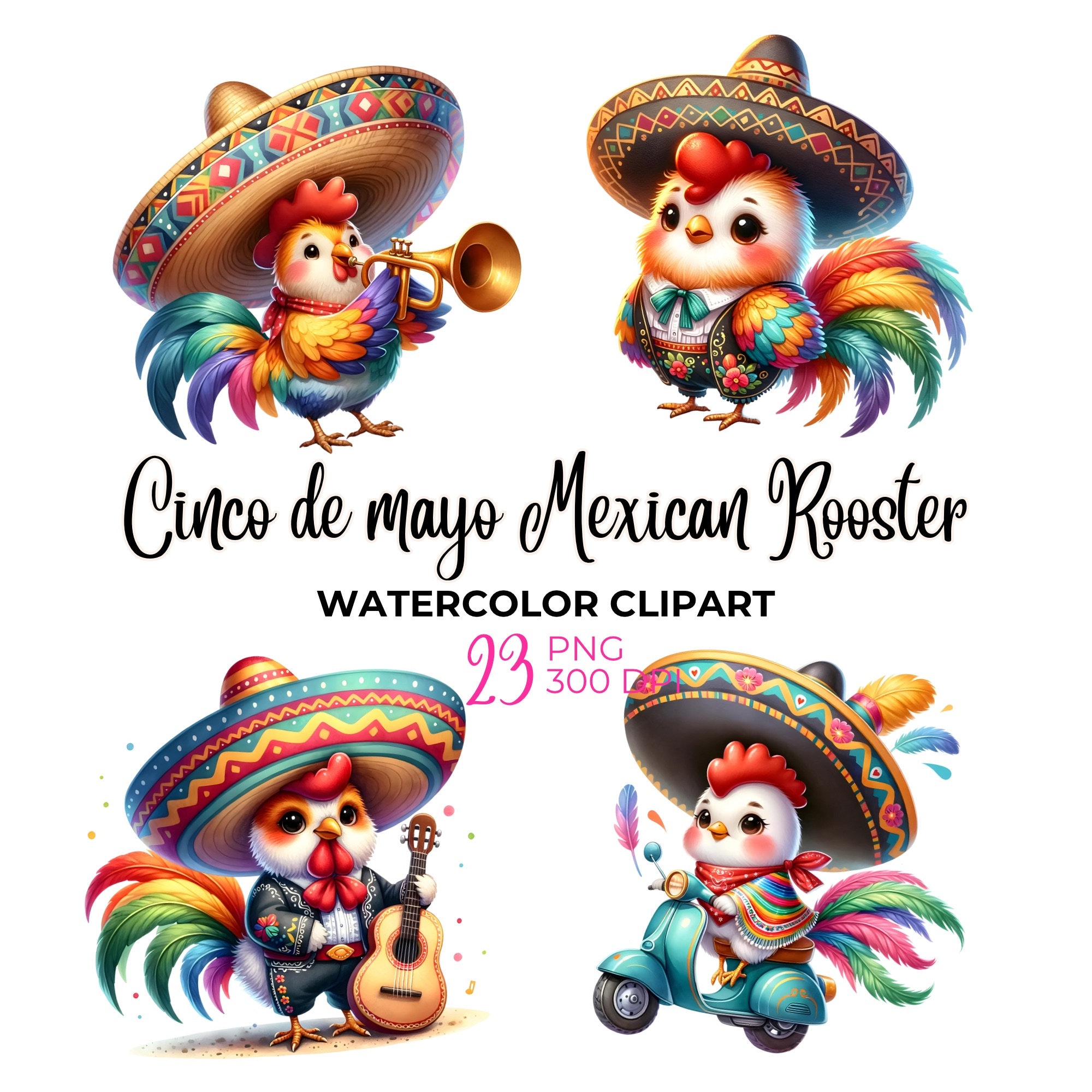 Watercolor Cinco De Mayo Mexican Rooster Clipart, Rooster PNG, Cinco De ...