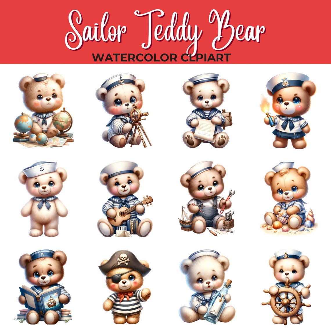 Watercolor Sailor Teddy Bear Clipart, Nautical Teddy Bear Clipart ...