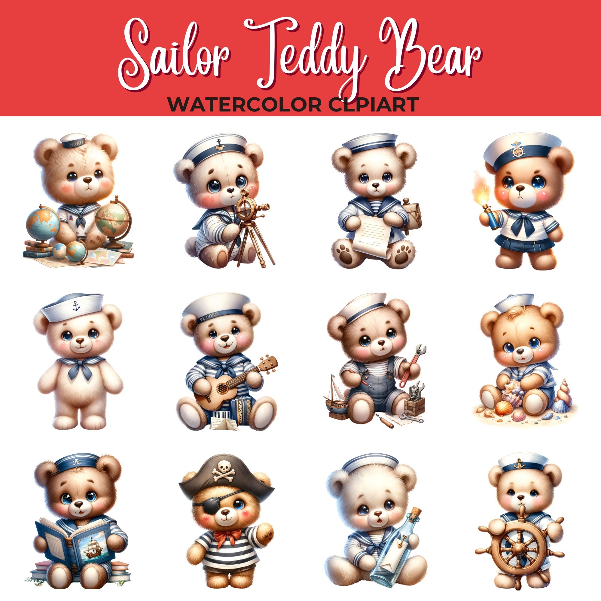 Watercolor Sailor Teddy Bear Clipart, Nautical Teddy Bear Clipart ...