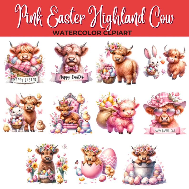 Watercolor Pink Easter Highland Cow Clipart: Nursery Decor (PNG) - Etsy