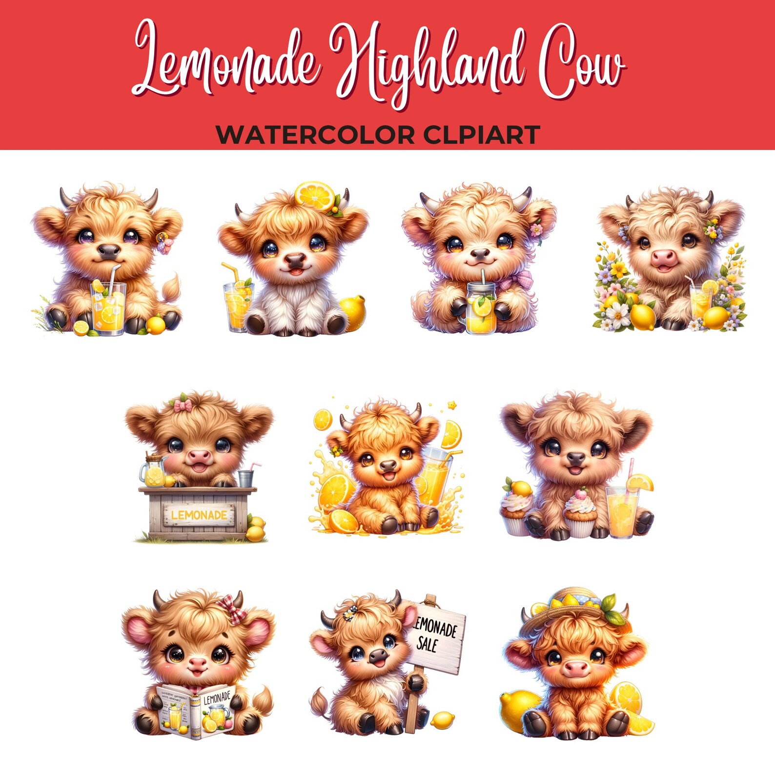 Watercolor Lemonade Highland Cow Clipart: Summer PNG (digital Download ...