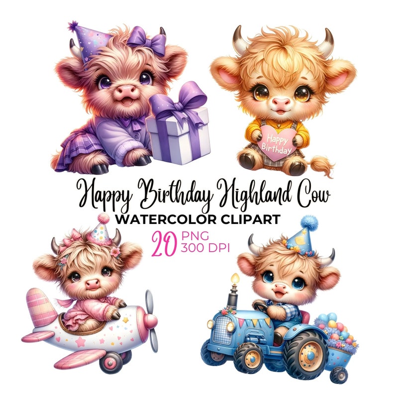 Watercolor Highland Cow Birthday Clipart: 20 PNG Designs (commercial ...