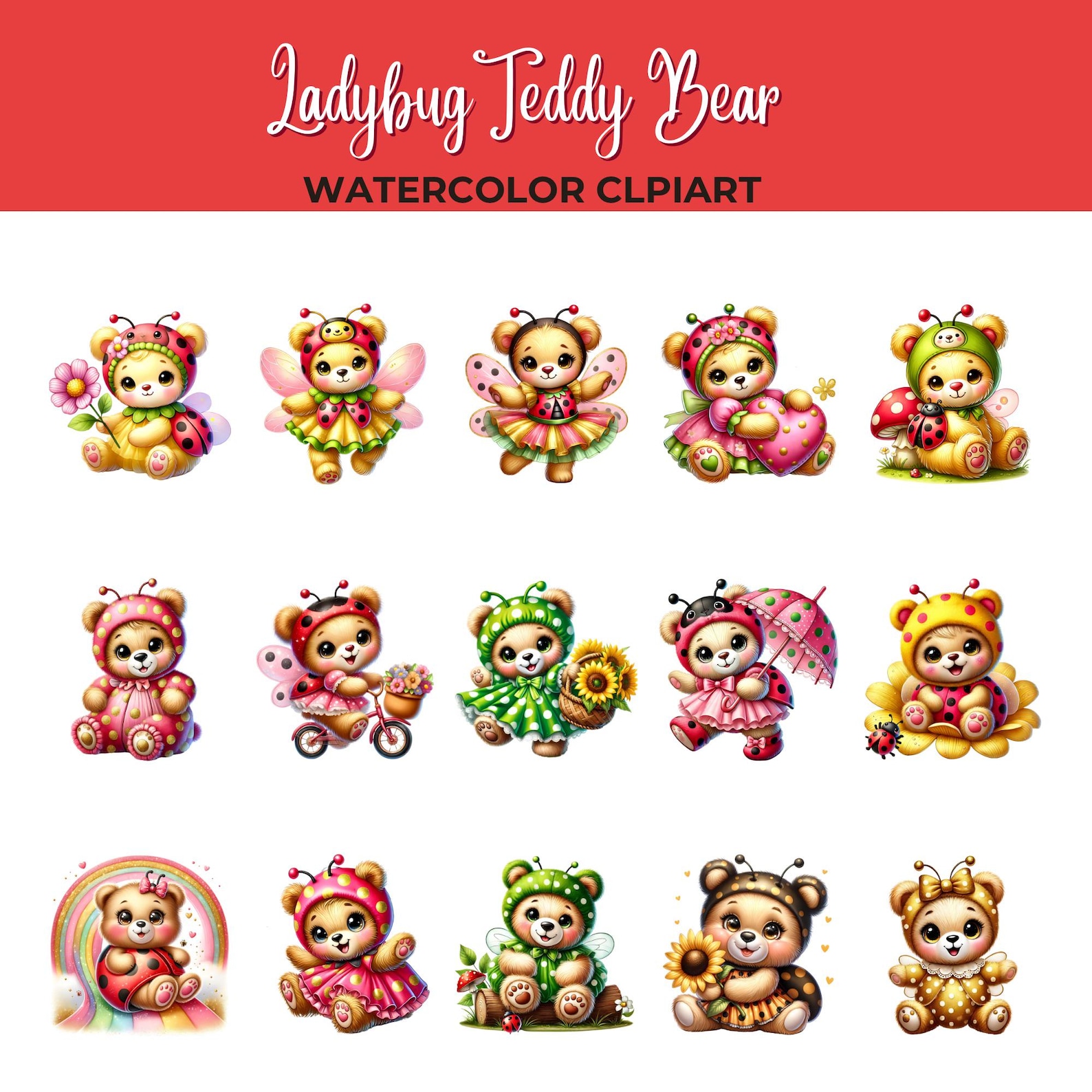 Watercolor Ladybug Teddy Bear Clipart: Nursery Sunflower PNG (digital ...