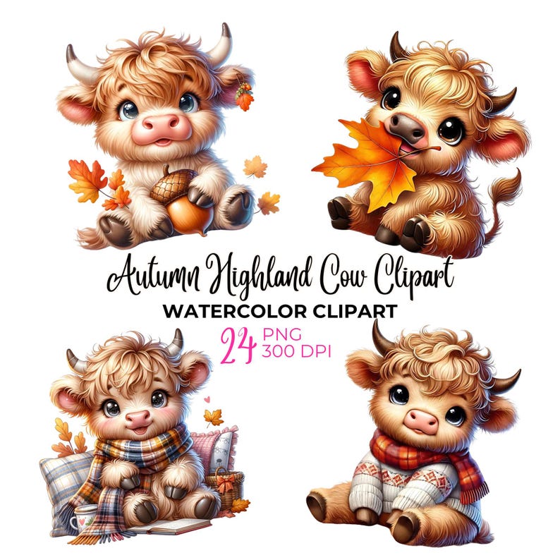 Watercolor Autumn Highland Cow Clipart, Cute Fall Highland Cow PNG ...