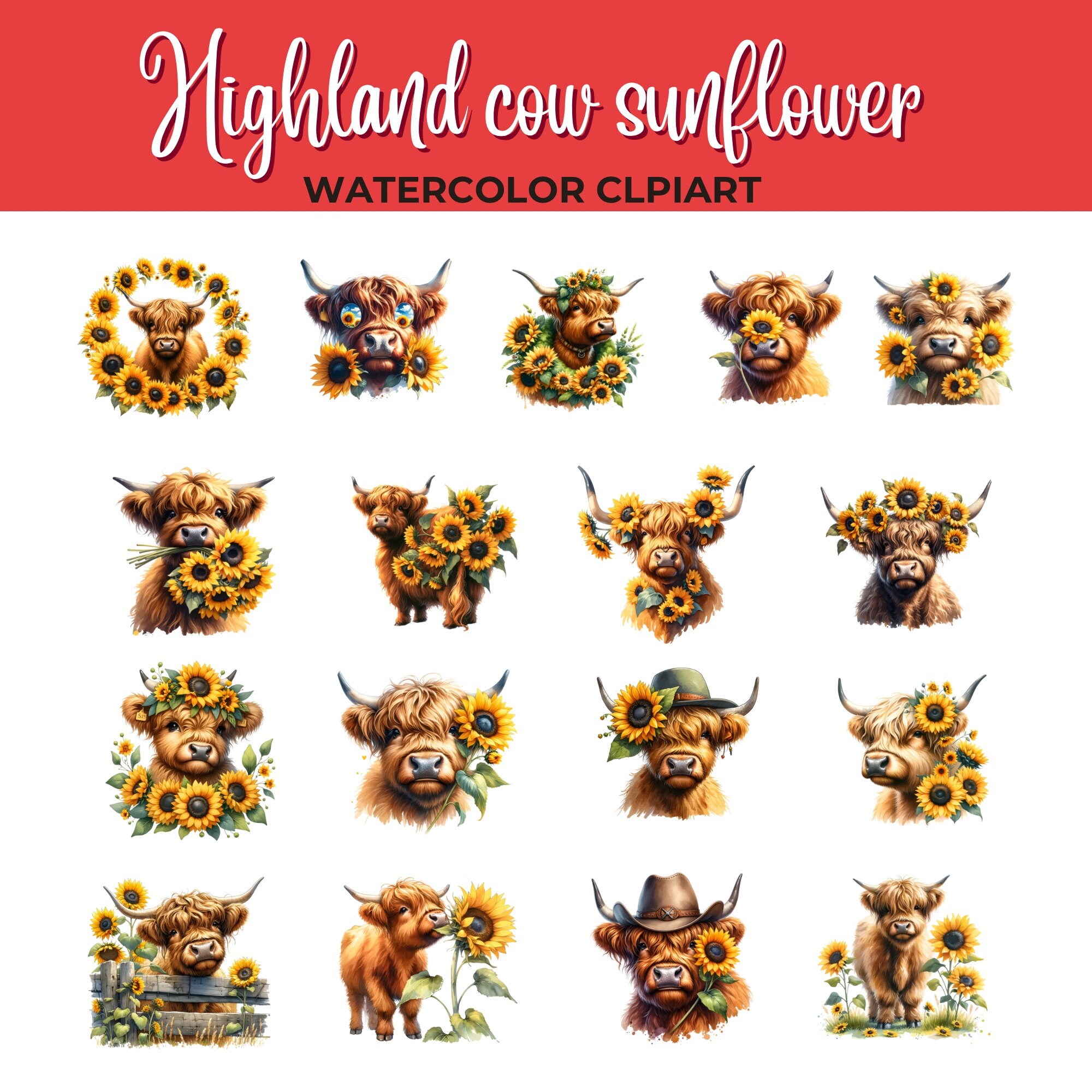 Watercolor Highland Cow Clipart Bundle: Spring PNG Images (160 Files ...
