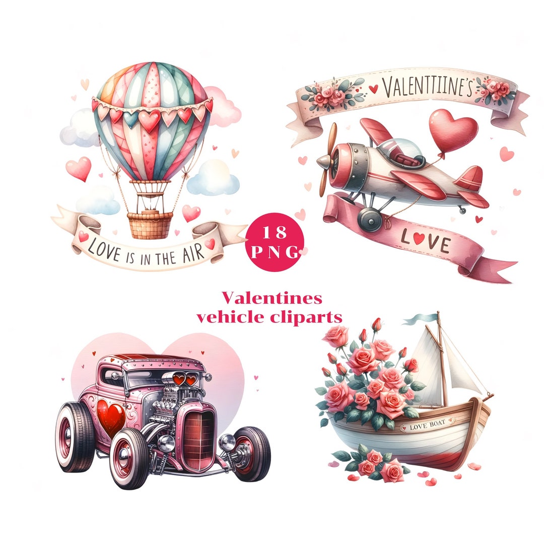 Valentines Vehicle Clipart, Valentines Day Clipart, Watercolor Vehicle ...