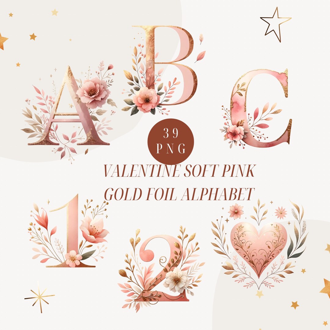 Pink Gold Floral Alphabet Clipart, Floral Letters Clipart, Watercolor ...