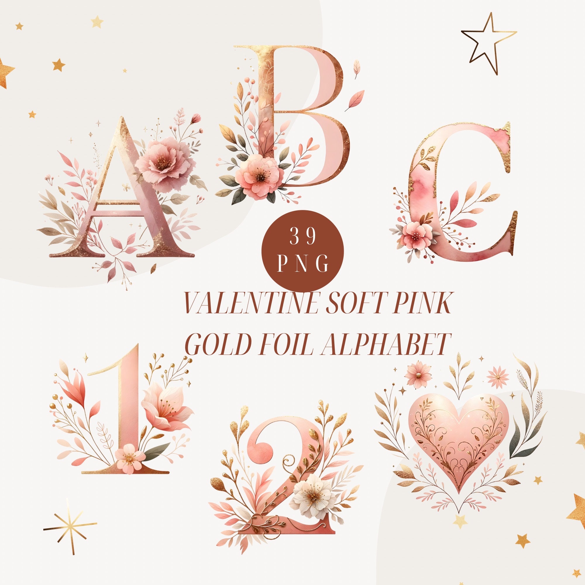 Pink Gold Floral Alphabet Clipart, Floral Letters Clipart, Valentines ...