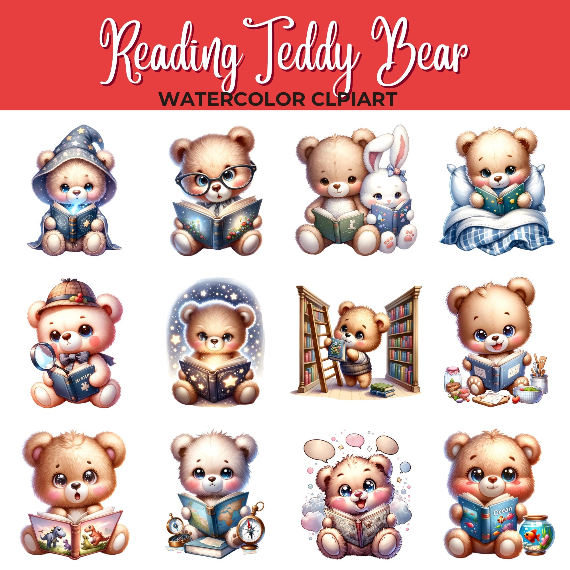 Watercolor Teddy Bear Reading Clipart, Teddy Bear PNG, World Book Day ...