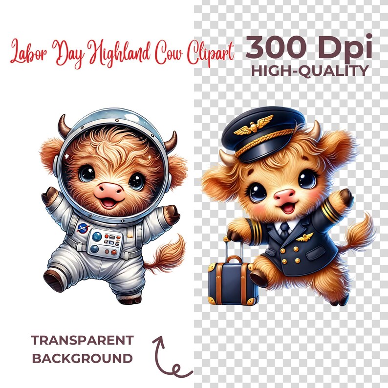 Watercolor Highland Cow Labor Day Clipart: Career PNG Set (digital ...
