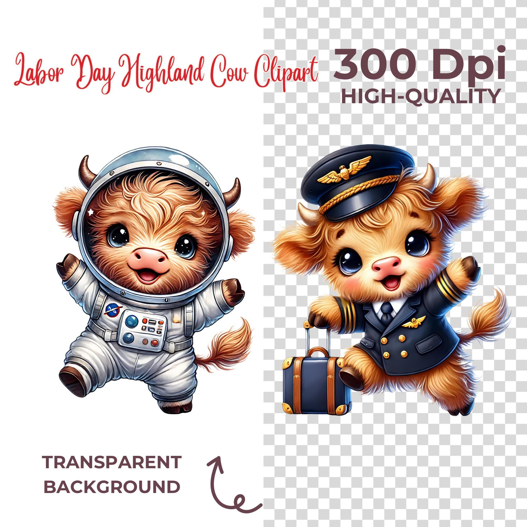 Watercolor Highland Cow Labor Day Clipart: Career PNG Set (digital ...