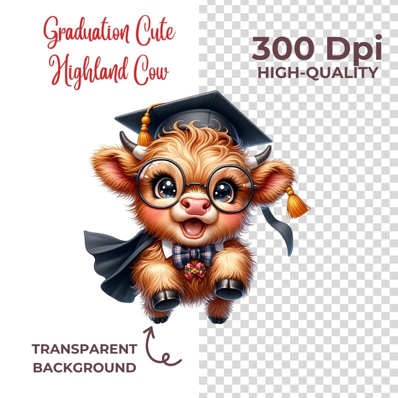 Watercolor Graduation Highland Cow Clipart: 24 PNG Images (3000x3000px ...