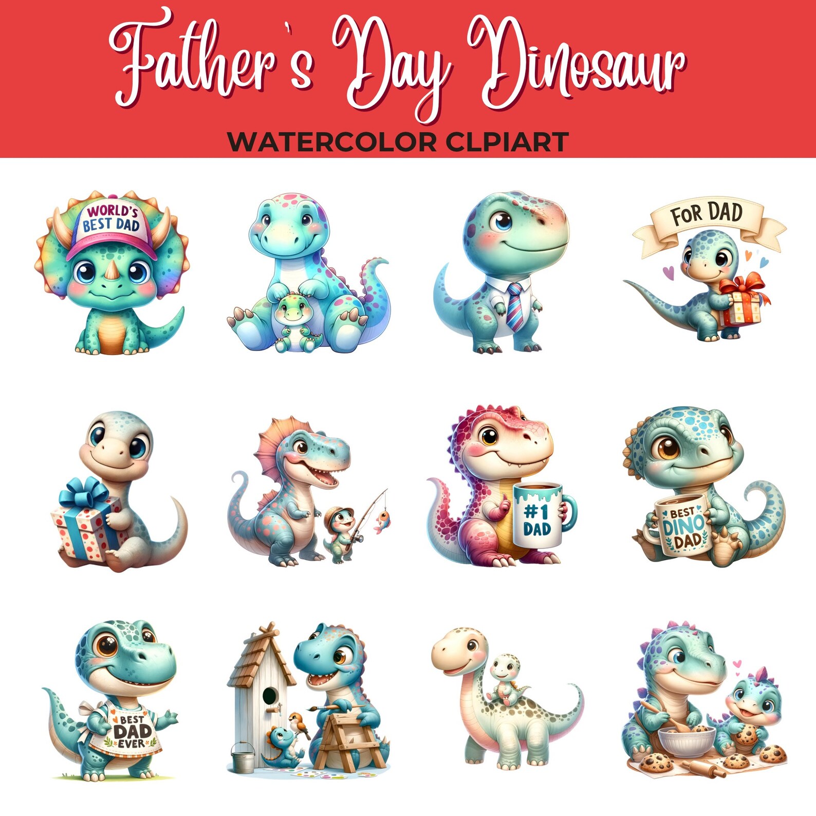 Watercolor Father's Day Dinosaur Clipart: 24 PNG Images (commercial Use ...