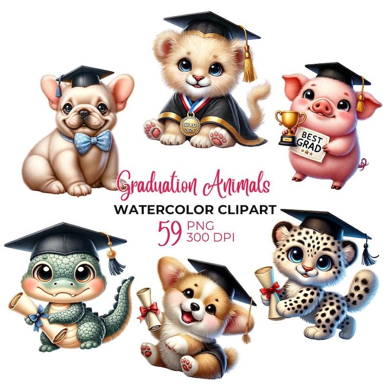 Watercolor Graduation Animals Clipart, Cute Animals PNG, Baby Animals ...