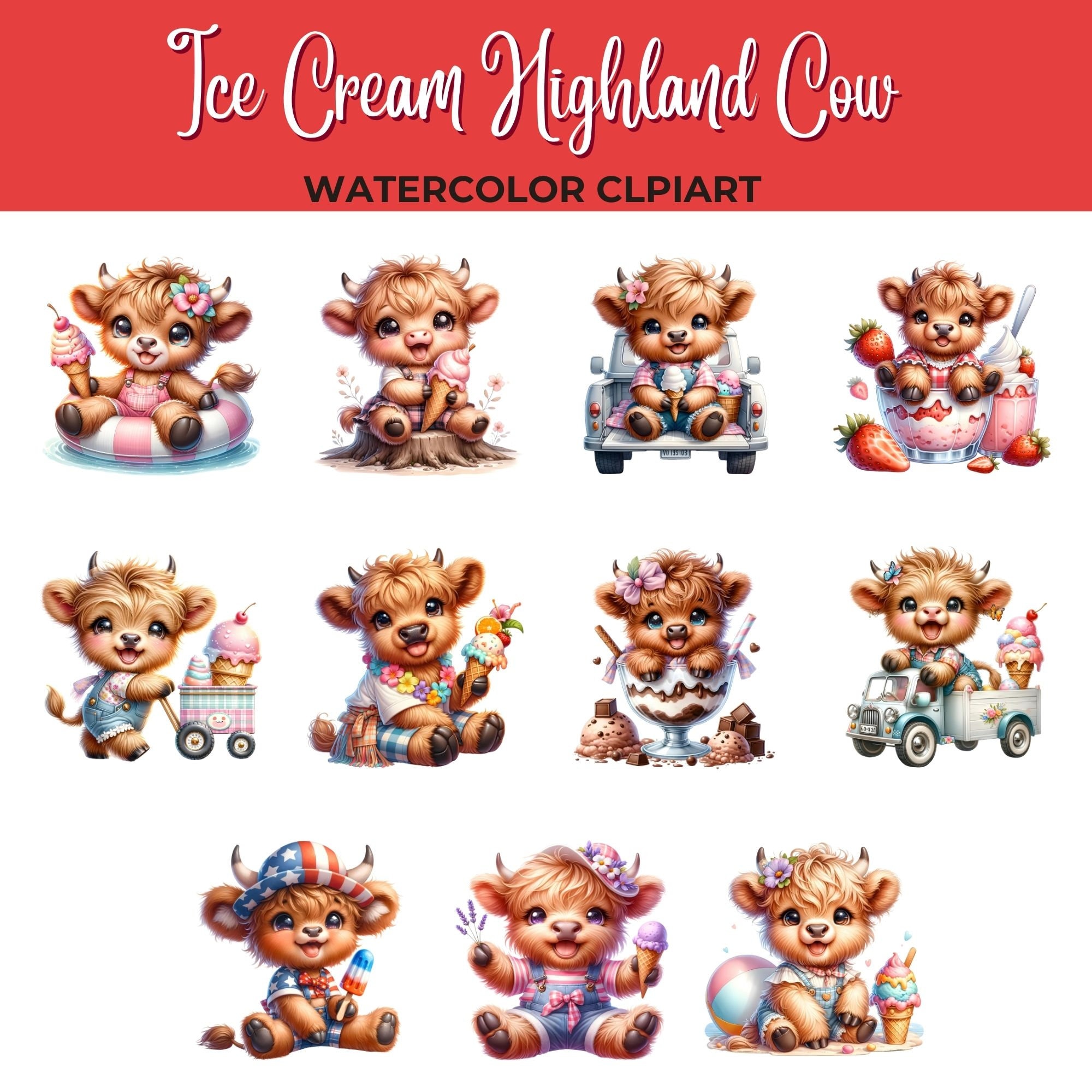 Watercolor Highland Cow Ice Cream Clipart: 23 PNG Designs (digital ...