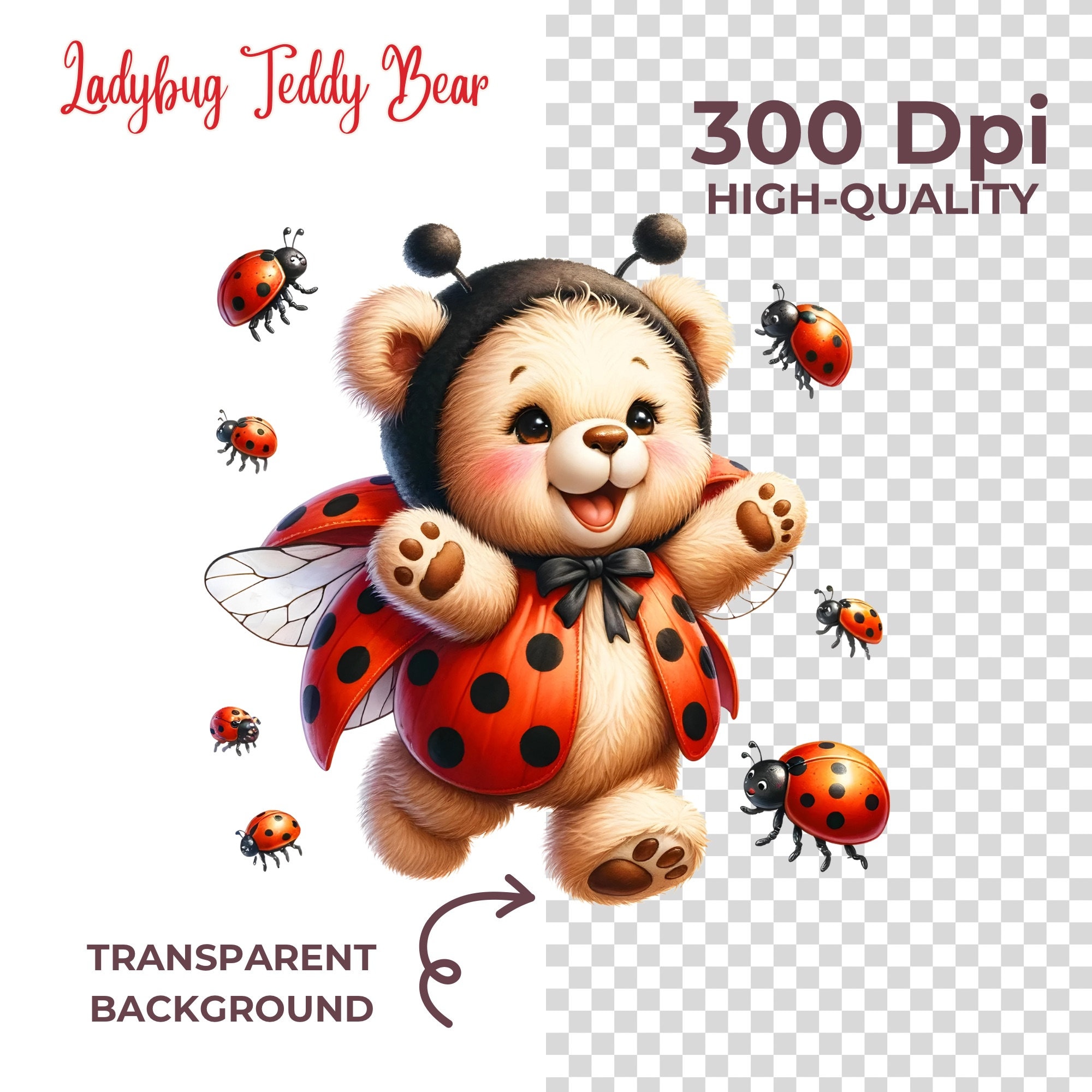 Watercolor Ladybug Teddy Bear Clipart: Nursery PNG (digital Download ...