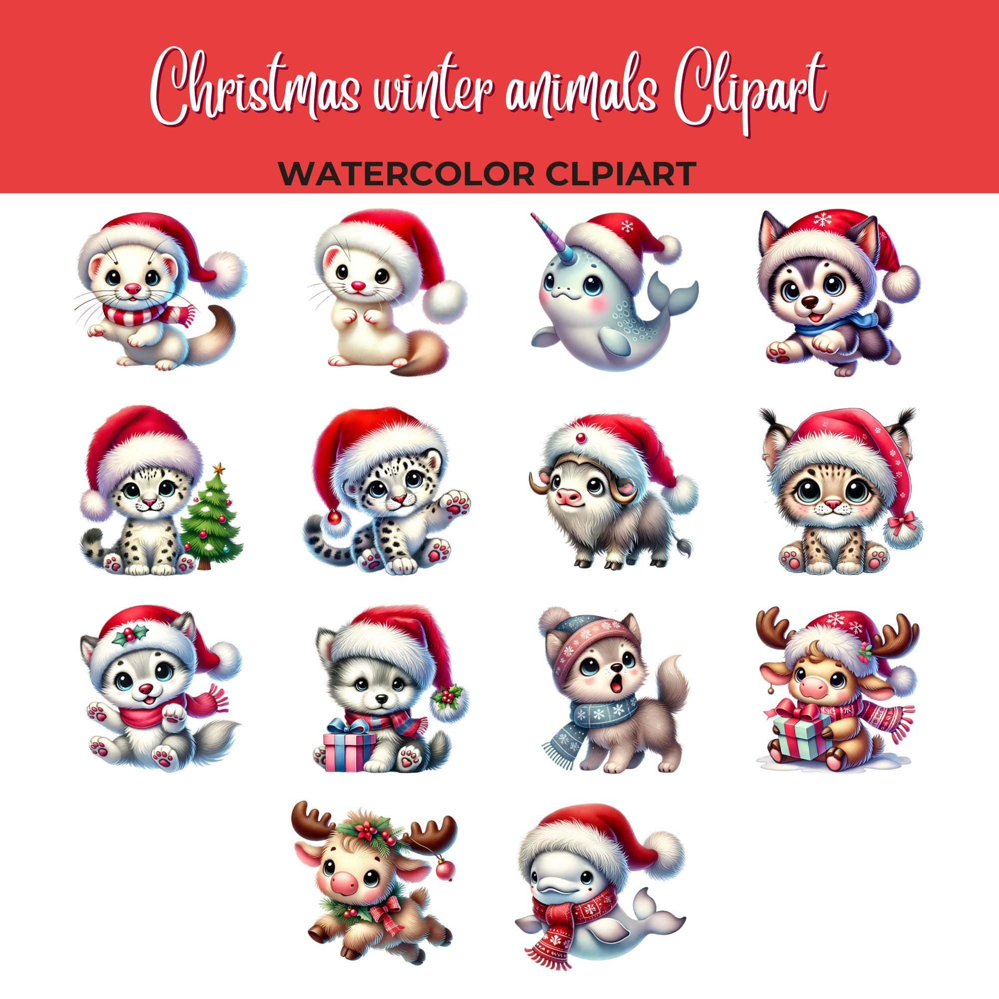 Watercolor Christmas Animals Clipart, Cute Winter PNG (300 DPI) - Etsy