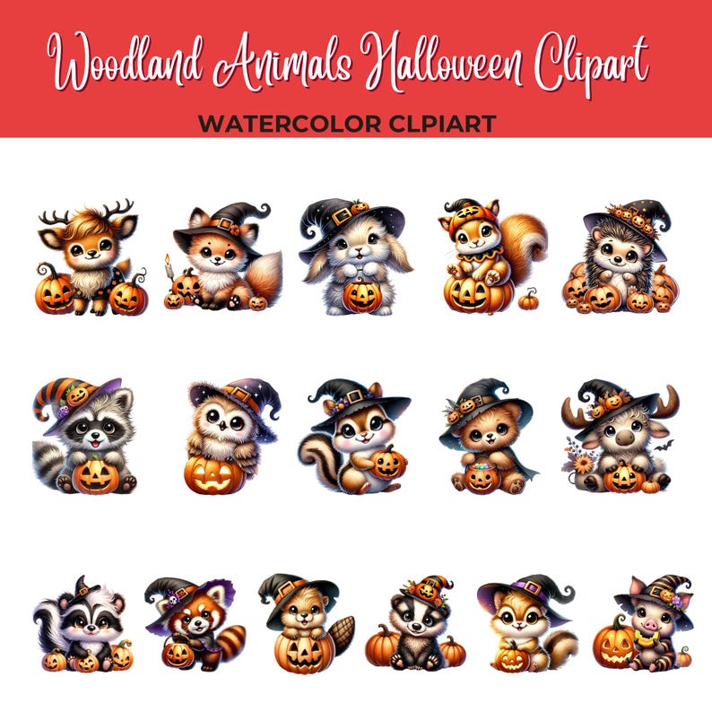 Watercolor Halloween Animals Clipart: Spooky Woodland PNG (commercial ...