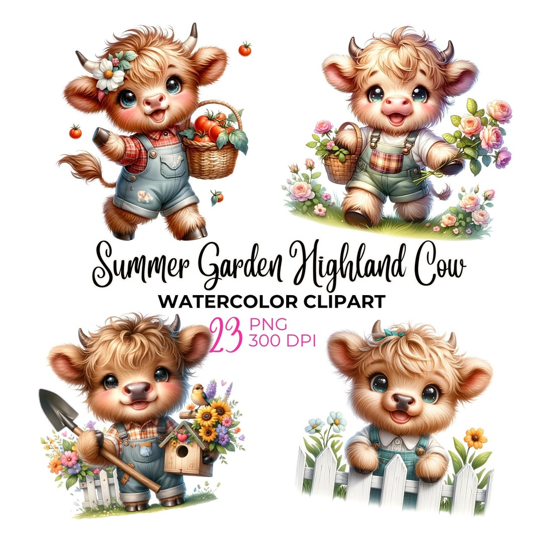 Watercolor Summer Garden Highland Cow Clipart, Gardening in Summer ...