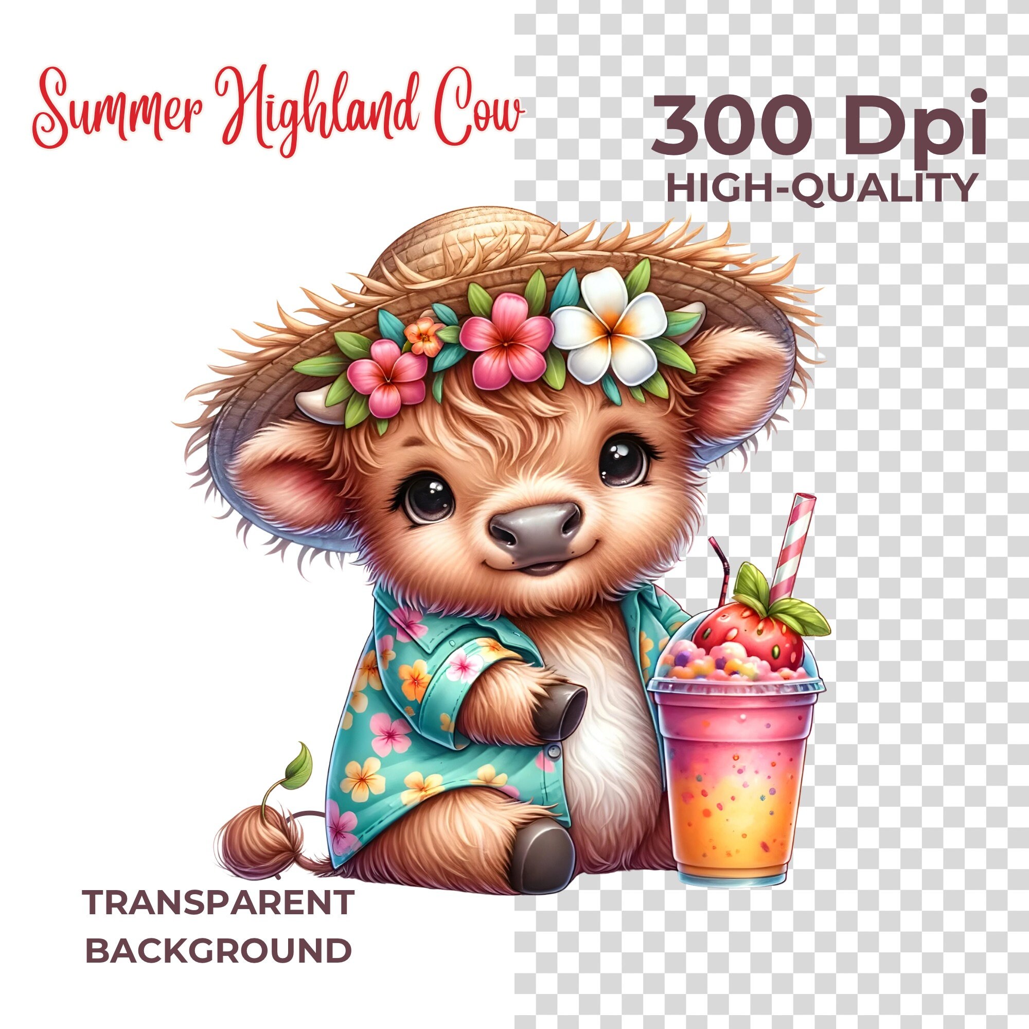 Watercolor Summer Vacation Highland Cow Clipart, Baby Highland Cow PNG ...