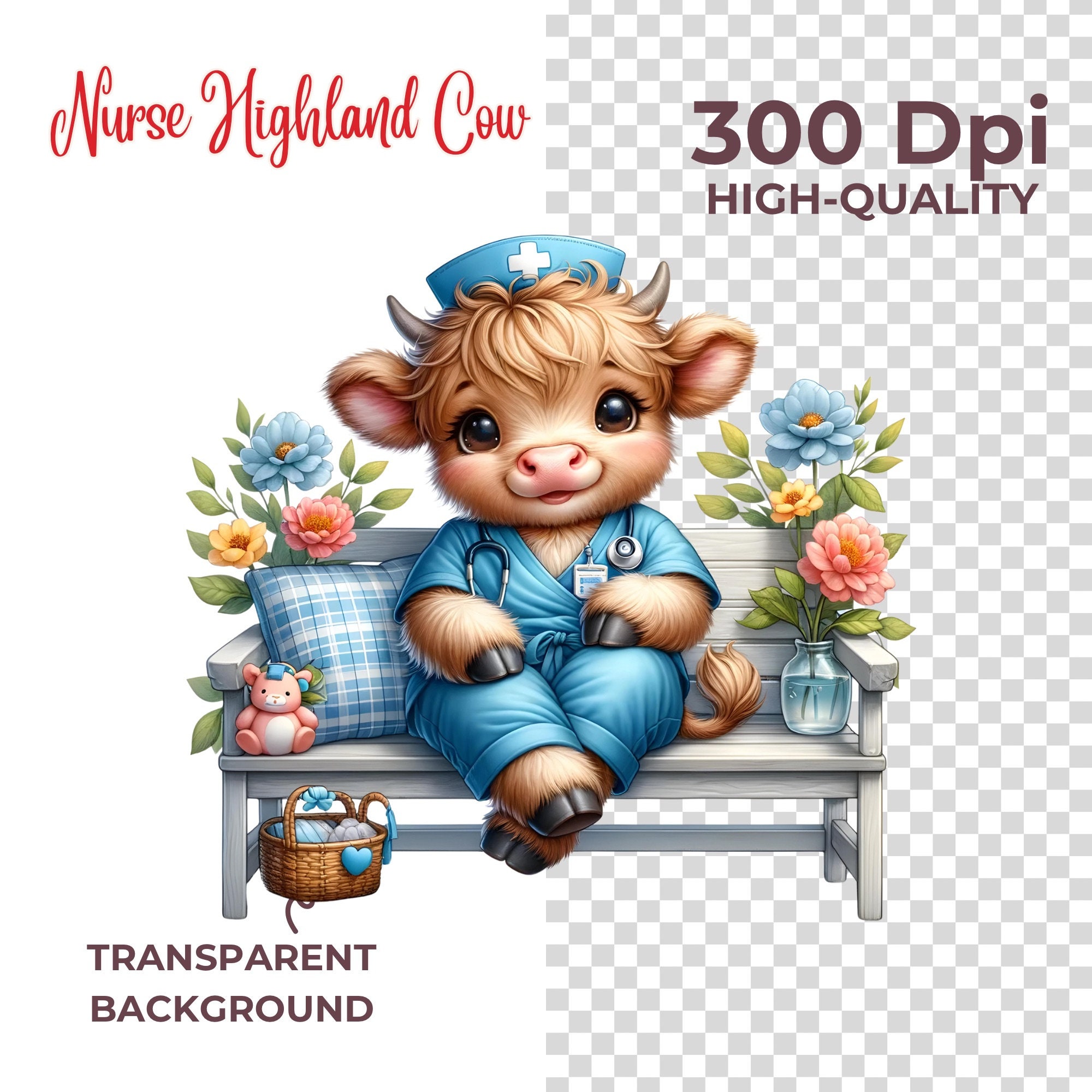Watercolor Nurse Highland Cow Clipart: Baby Animal PNG (commercial Use ...