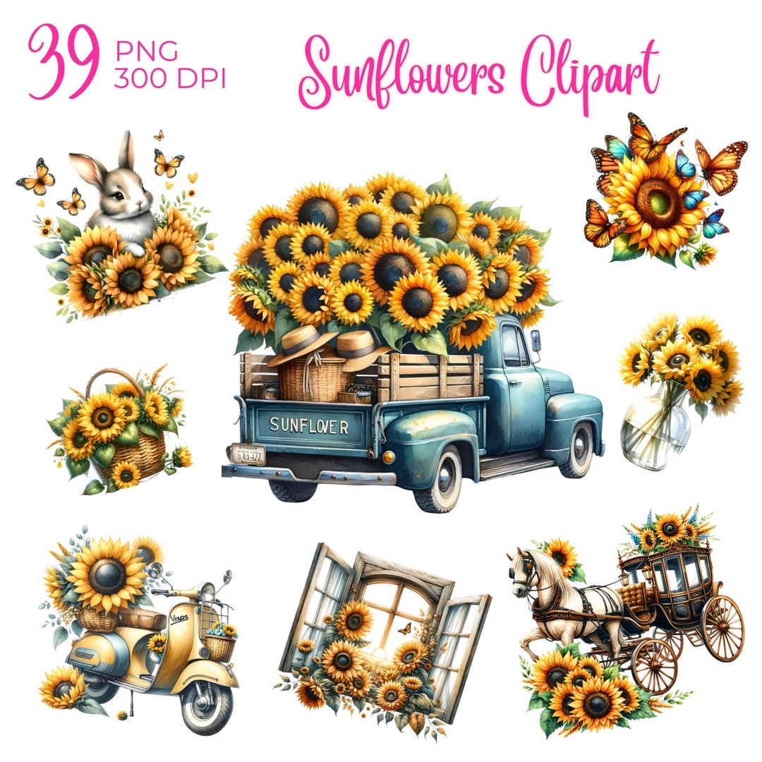 Watercolor Sunflower Clipart: Vintage Truck, Floral Wreath (PNG, PDF ...