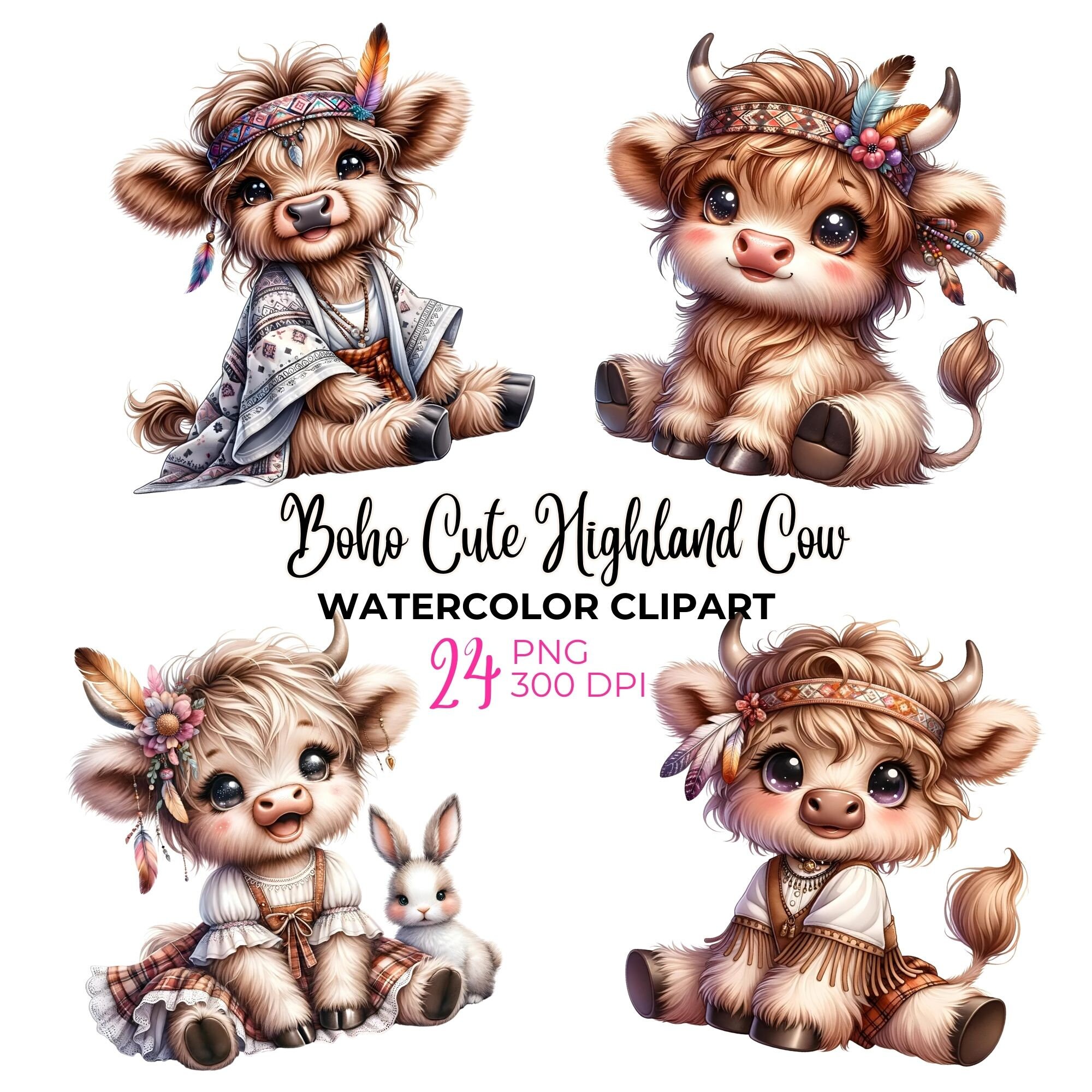 Watercolor Boho Cute Highland Cow Clipart, Baby Highland Cow PNG ...