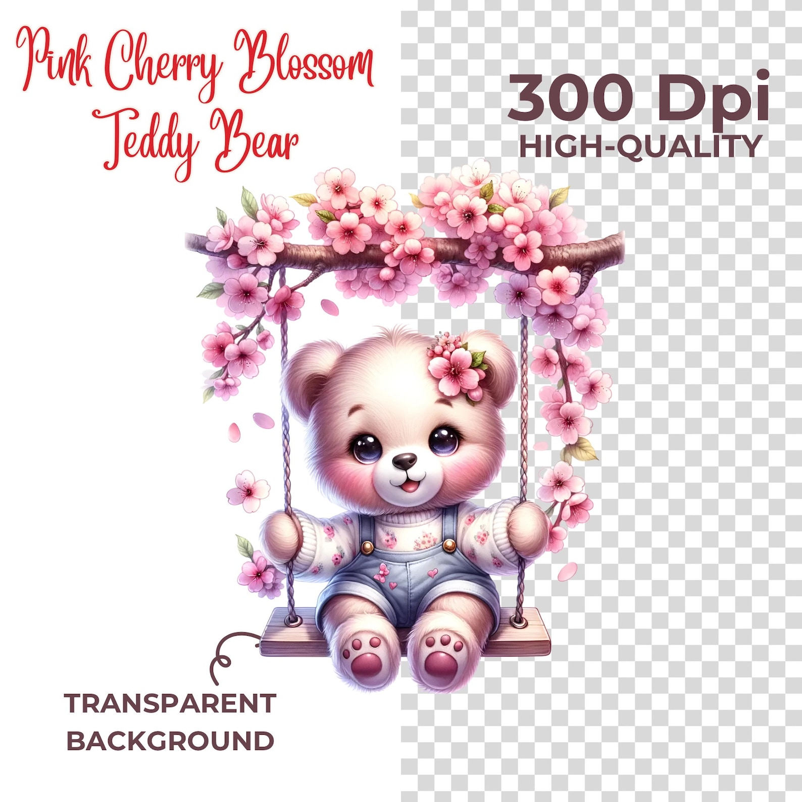 Watercolor Pink Cherry Blossom Teddy Bear Clipart, Teddy Bear PNG ...
