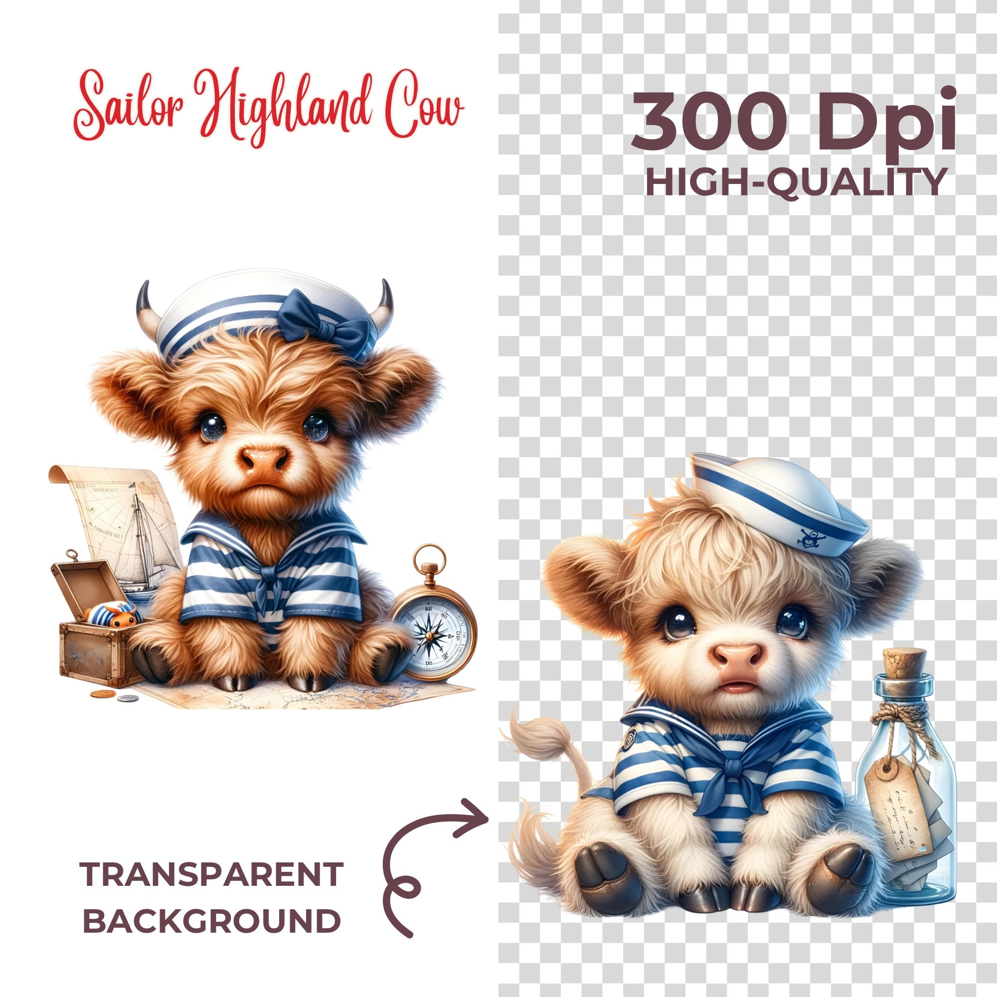 Watercolor Sailor Highland Cow Clipart, Nautical Highland Cow Clipart ...
