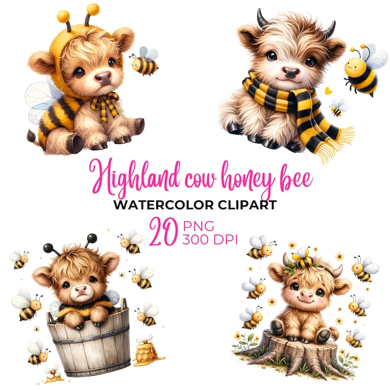 Watercolor Honeybee Highland Cow Clipart: 20 Pngs (commercial Use) - Etsy