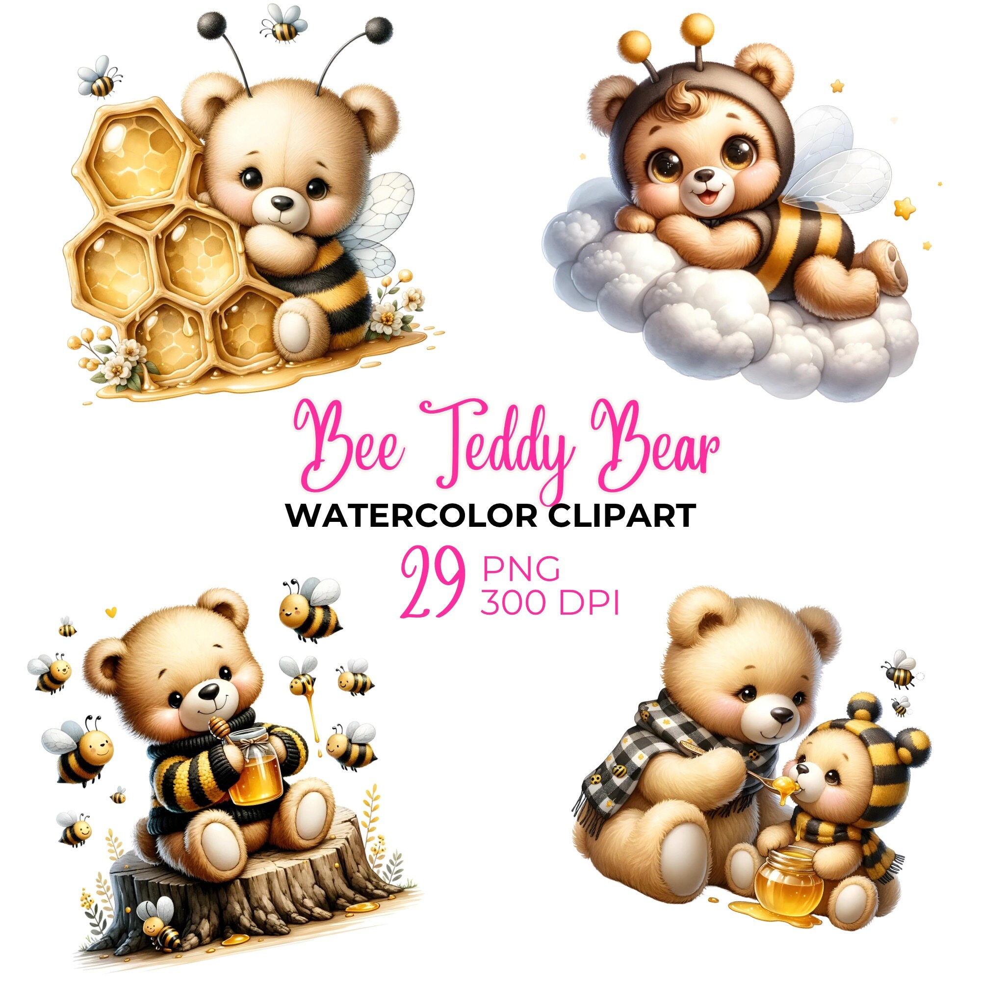 Watercolor Honeybees Teddy Bear Clipart, Teddy Bear PNG, Honeybees ...