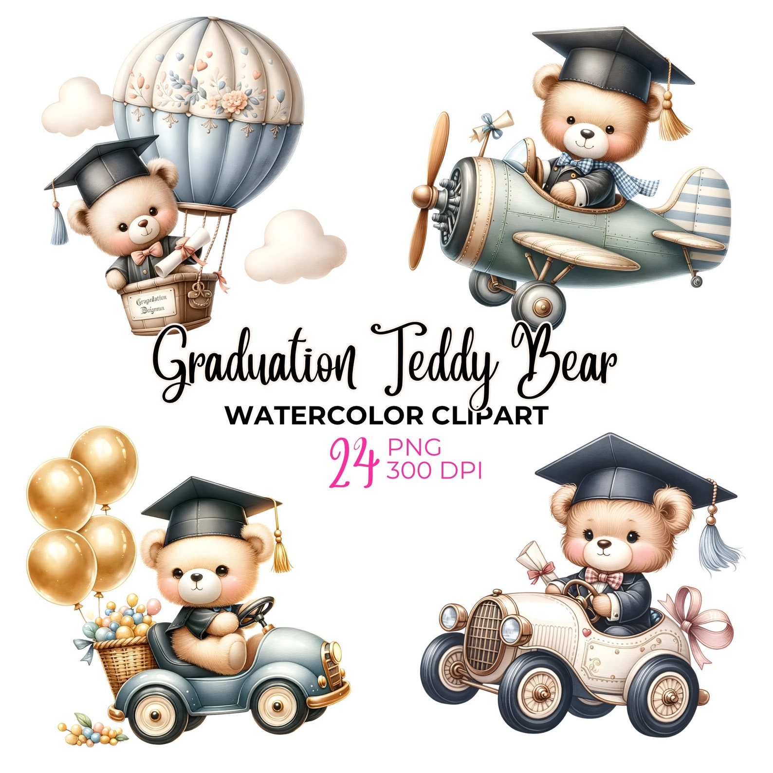 Watercolor Graduation Teddy Bear Clipart: 24 PNG Images (commercial Use ...