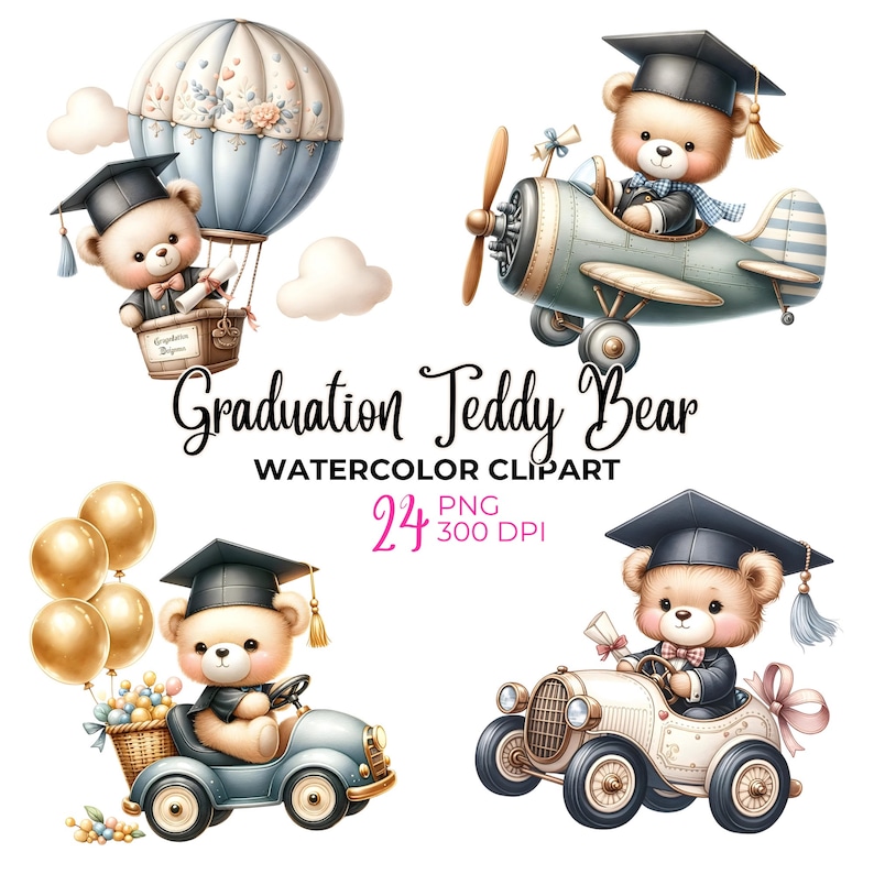 Watercolor Graduation Teddy Bear Clipart: 24 PNG Images (commercial Use ...