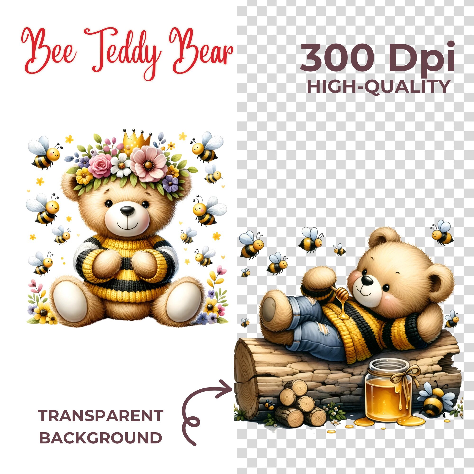 Watercolor Honeybees Teddy Bear Clipart, Teddy Bear PNG, Honeybees ...
