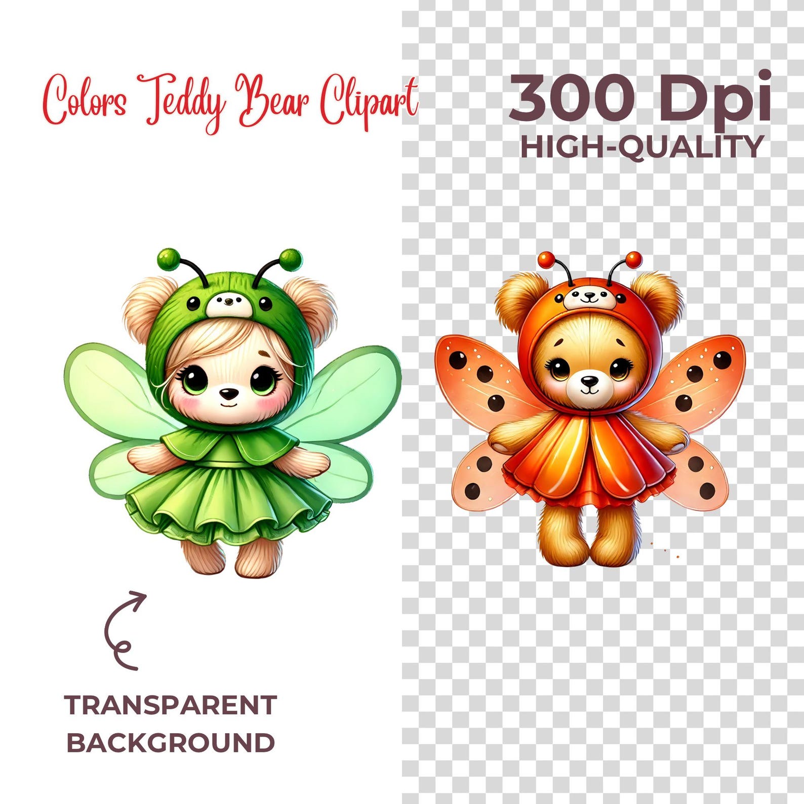 Watercolor Ladybug Teddy Bear Clipart: Nursery PNG (digital Download ...