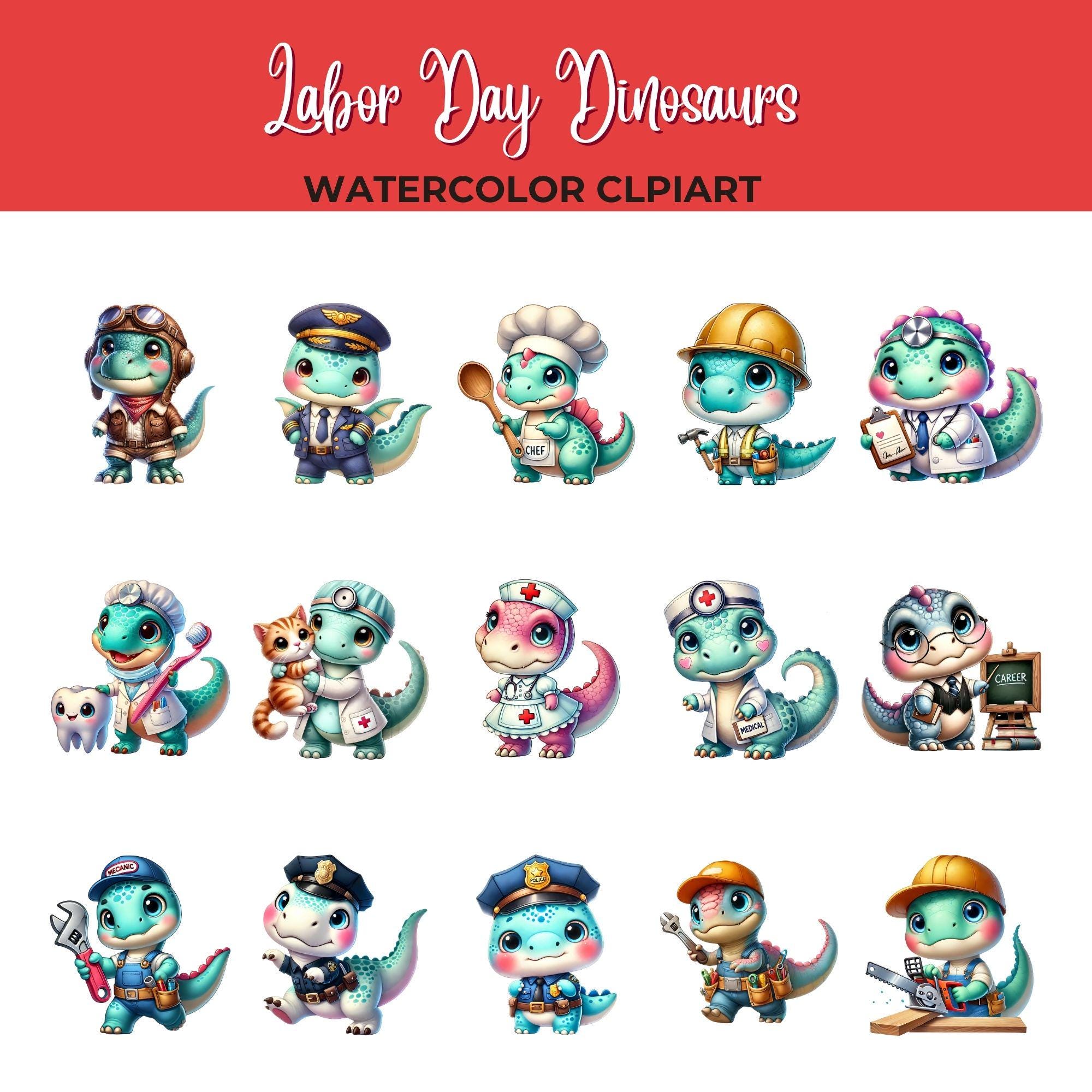 Watercolor Labor Day Cute Dinosaur Clipart, Occupations Baby Dinosaur ...