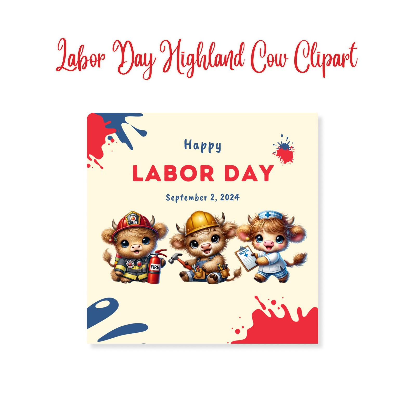 Watercolor Highland Cow Labor Day Clipart: Career PNG Set (digital ...