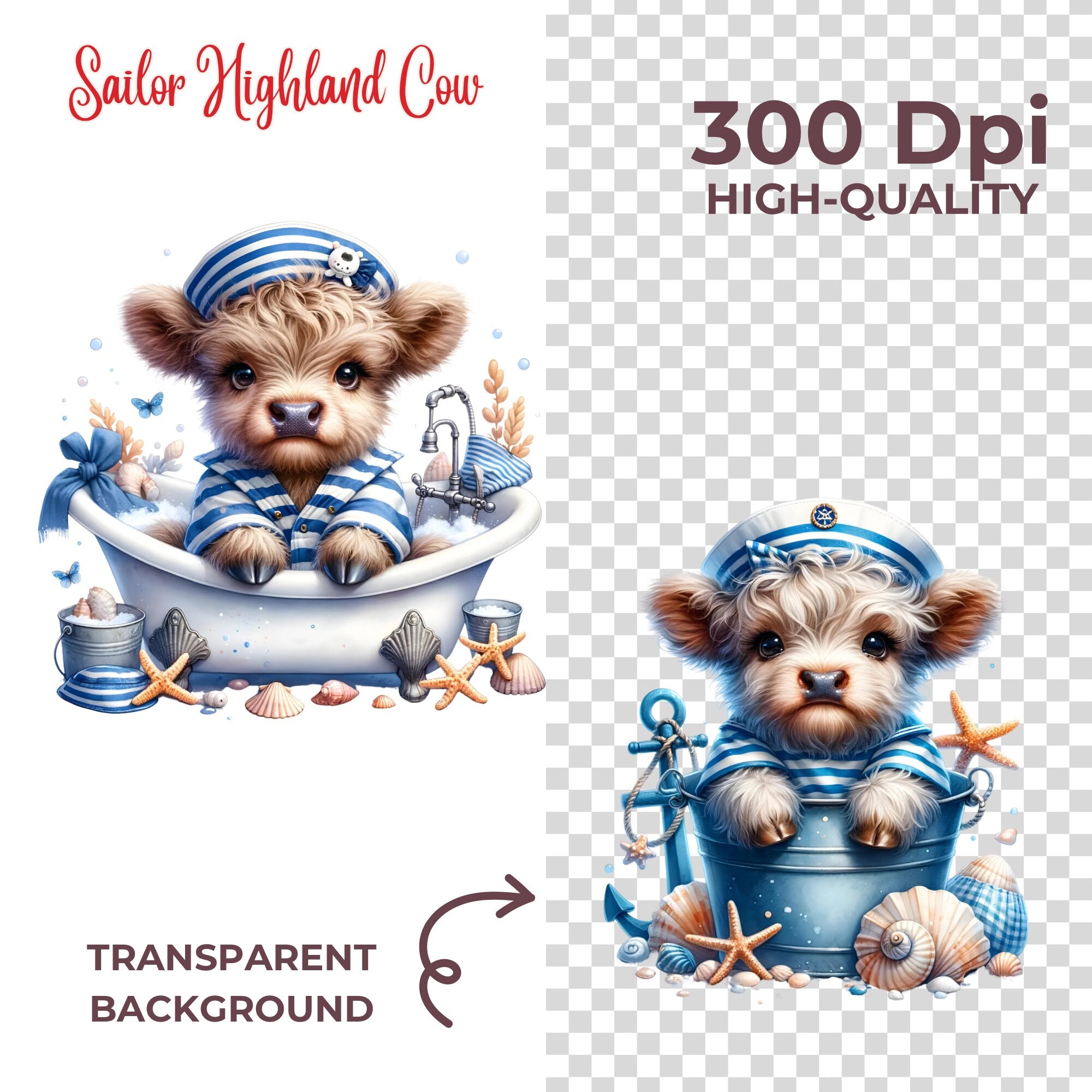 Watercolor Sailor Highland Cow Clipart, Nautical Highland Cow Clipart ...