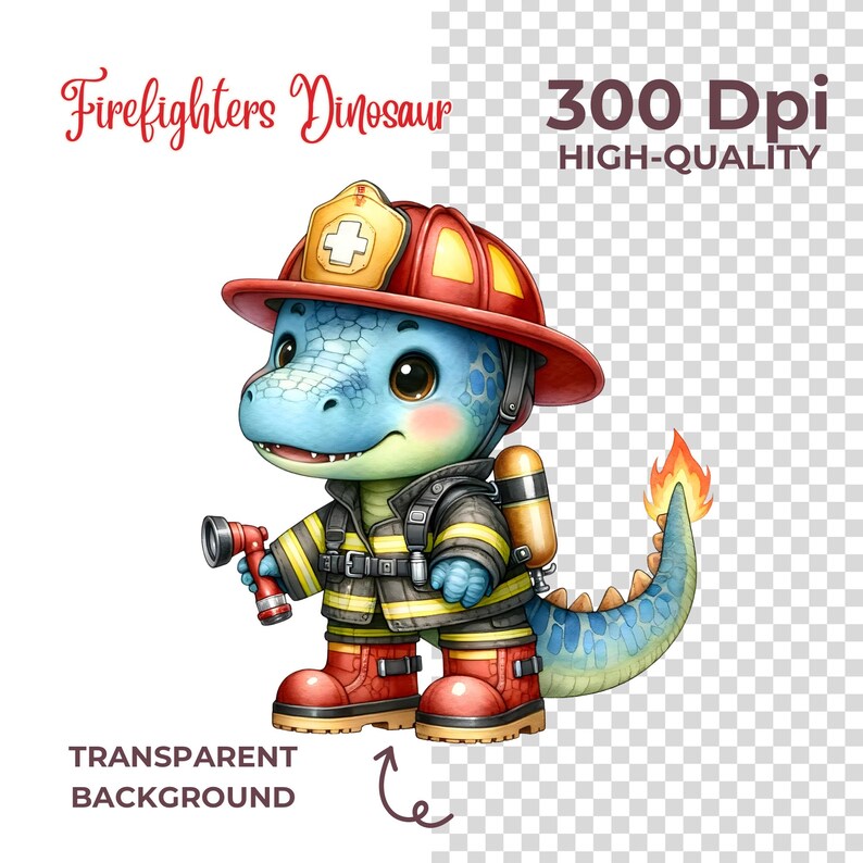 Watercolor Firefighter Dinosaur Clipart, Baby Dinosaur PNG, Cute ...