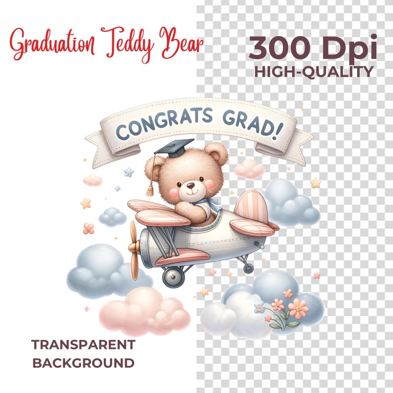 Watercolor Graduation Teddy Bear Clipart: 24 PNG Images (commercial Use ...