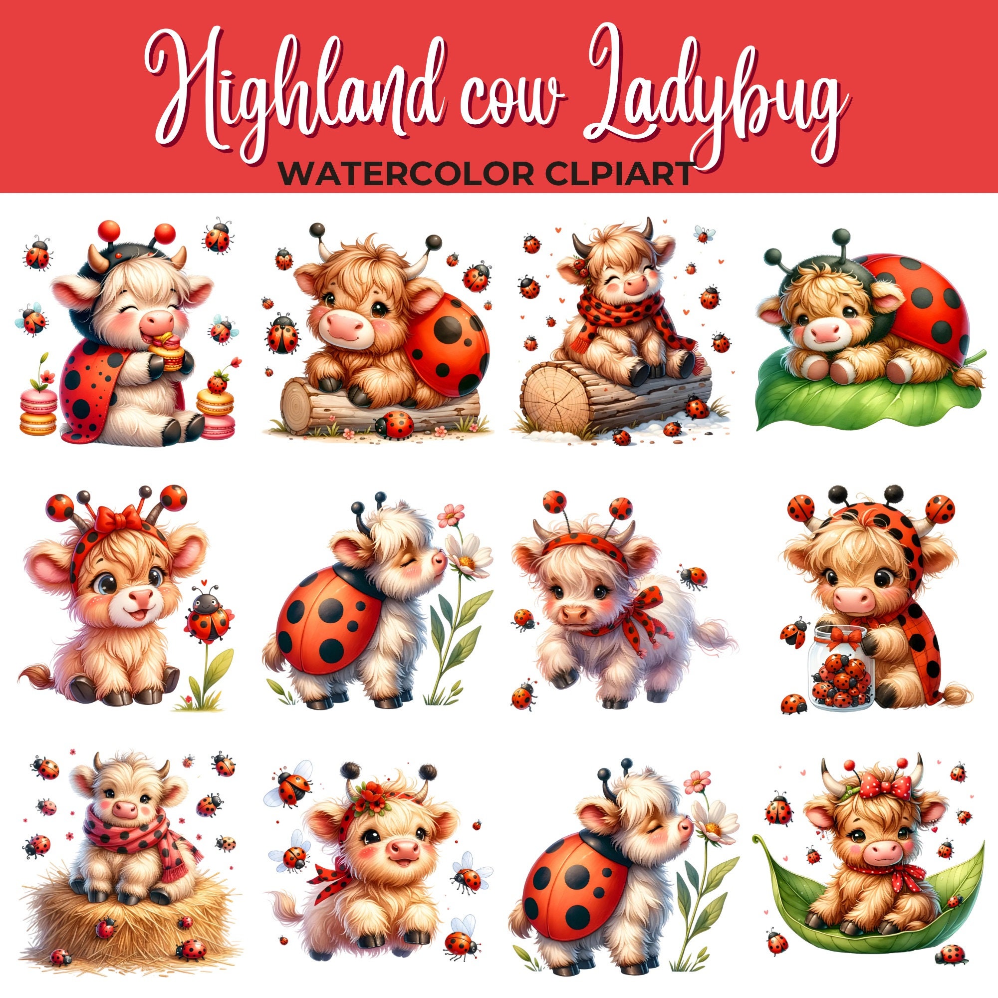 Watercolor Ladybug Highland Cow Clipart, Highland Cow PNG, Ladybug Png ...