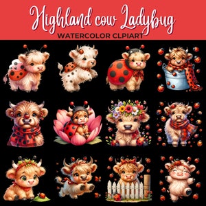 Watercolor Ladybug Highland Cow Clipart: 24 Pngs (commercial Use) - Etsy
