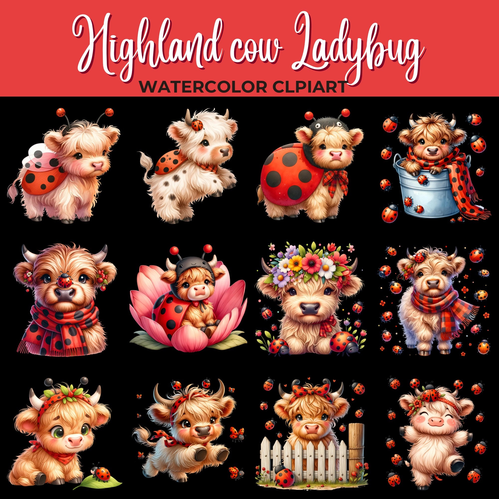Watercolor Ladybug Highland Cow Clipart: 24 Pngs (commercial Use) - Etsy